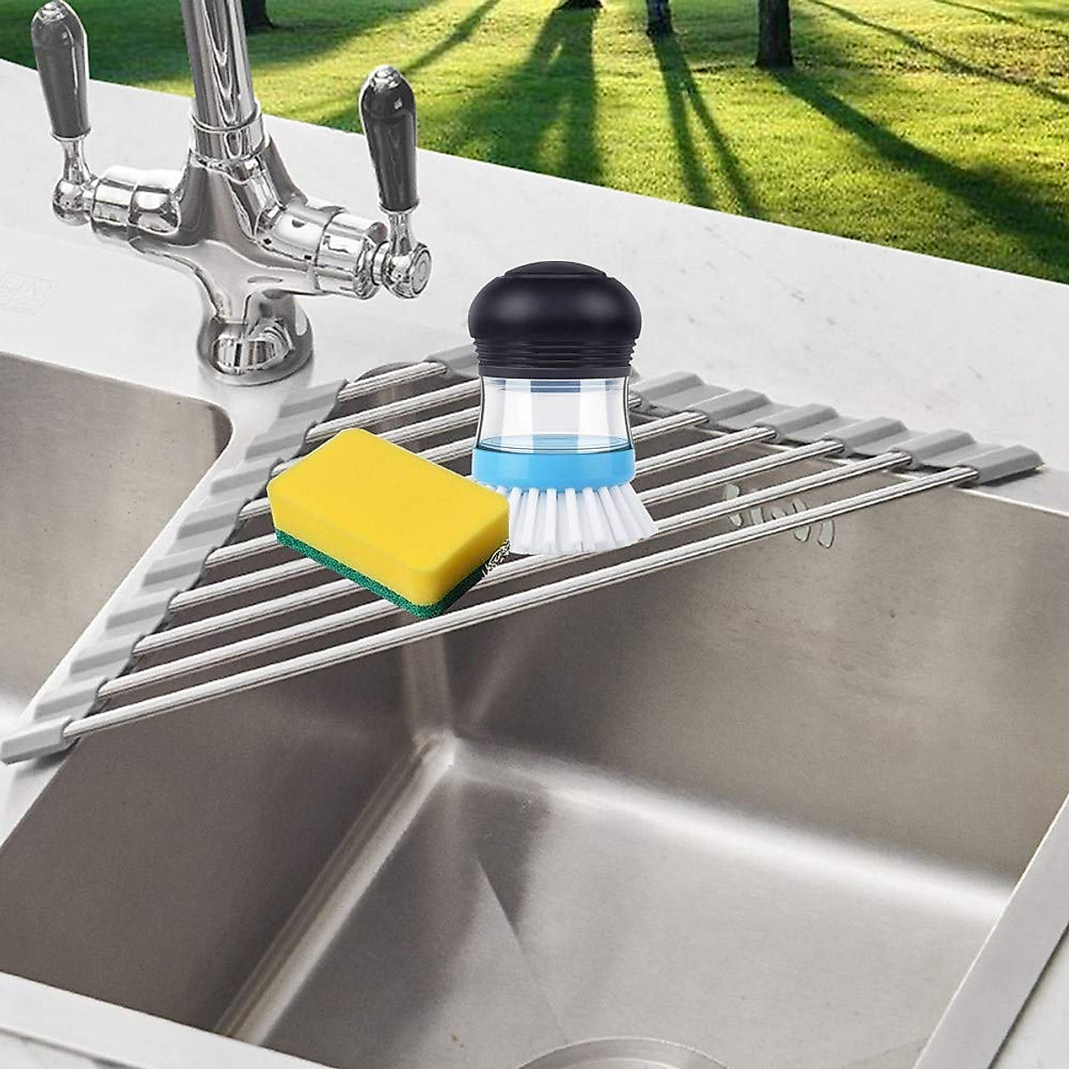 Acykroyee Anti-Rust Stainless Steel Caddy Sponge Holder, Multi-Function Roll-up Drying Rack for Sink Corner Kitchen (Gray)