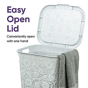 Laundry Hampers with Lid Lace Design 50 Liter (2 Pack) Soft Grey Laundry Hamper Basket with Cutout Handles, Rectangular Shape Modern Style Bin -Dirty Cloths Storage (White Smoke)