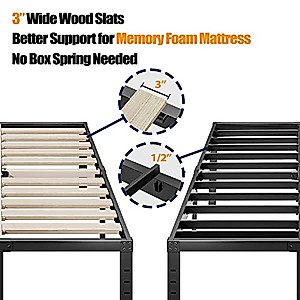 Auroral Zone Twin Bed Frame 14 Inches Tall 3 Inches Wide Wood Slats with Better Support for Foam Mattress No Sagging No Slip, No Box Spring Needed, Noise Free, Easy Assembly-Black