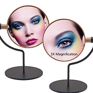 YEAKE Desk Table Mirror with Mental Stand, 3X Magnification Small Wooden Desktop Mirror,360° Rotation Countertop Mirror for Makeup (Black)