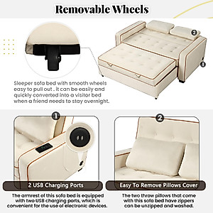 P PURLOVE Upholstered Modern Sofa Bed with Armrest, Convertible Sofa Couch with Adjustable Backrest and Dual USB Charging Port, Sleeper Bed for Living Room, Bedroom, Office, Brown Gray