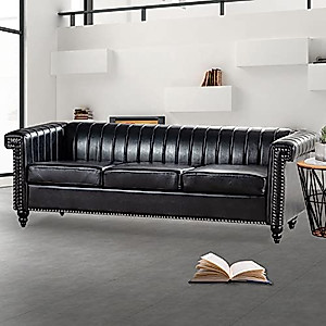 KUVENQIW Black Couches for Living Room Faux Leather Sofa Classic Large 3 Seater Couch Mid Century Modern Couch Deep Stripe Tufted Sofa for Bedroom, Office, Apartment.(Black)