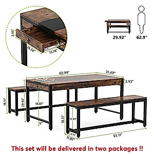 Tribesigns 63 Inch Large Dining Table Set for 4 to 6, Kitchen Breakfast Table with 2 Benches & Sided Drawer, 3-Piece Modern Industrial Bar Table Furniture for Dining Room, Rustic Brown & Black