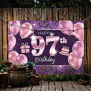 PAKBOOM Happy 97th Birthday Banner Backdrop - 97 Birthday Party Decorations Supplies for Women - Pink Purple Gold 4 x 6ft