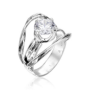 JEAN RACHEL JEWELRY 925 Sterling Silver Ring With White Round Cubic Zirconia Prong, Vintage Antique Look, Hypoallergenic, Nickel and Lead-free, Artisan Handcrafted Designer collection, Made In Israel