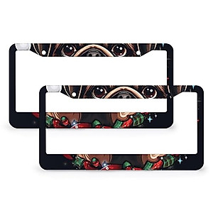 Pug Dog Wearing A Santa License Plate Cover 2 Pack Xmas Lovely Dogs Auto Car Accessories Tag for Women Men US Vehicles 2 Round Holes Stainless Aluminum License Plate Frames