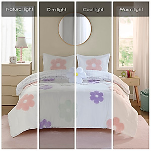 Urban Habitat Kids Queen Comforter Set for Girls, Tufted Chenille Floral Comforter Set Queen, Lightweight Polka Dot Comforter Reversible Bed Set, Shams, Pillow, Gracie, Full/Queen White/Purple 4 Piece