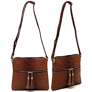 Ostrich Croc Tassel Zipper Pocket Crossbody Bag Animal Pattern Printed Shoulder Bag Womens Purse Satchel (#A-Light Brown)