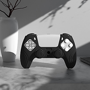 eXtremeRate PlayVital Samurai Edition Black Anti-Slip Controller Silicone Skin for ps5, Ergonomic Soft Rubber Protective Case for ps5 Controller with Black Thumb Stick Caps