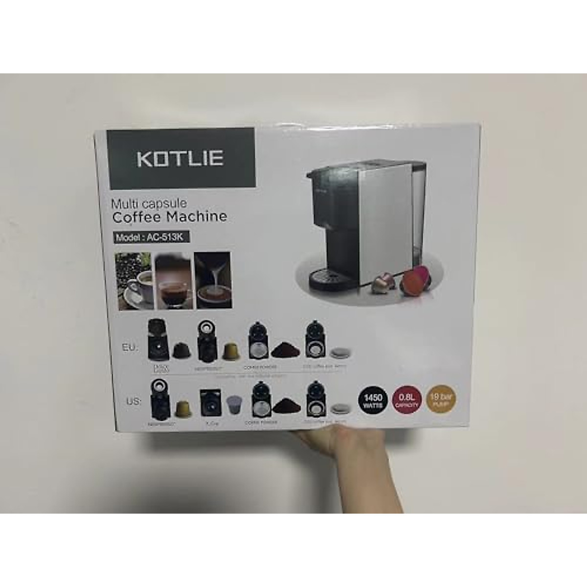 KOTLIE 4in1 Espresso Machine,Customize Volume Settings,Single Serve Coffee Maker for Nespresso original/K cups/L'OR/Ground Coffee/illy Coffee ESE,19Bar Espresso Maker,1450W Coffee Machine