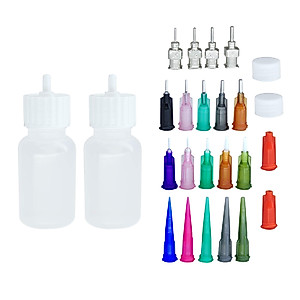 Xmasir Multi Purpose Precision Applicator JAC Bottle for Henna Set 2 pcs 1 Oz.Bottle with 4 pcs Caps and 16 pcs Needle Tips Sizes