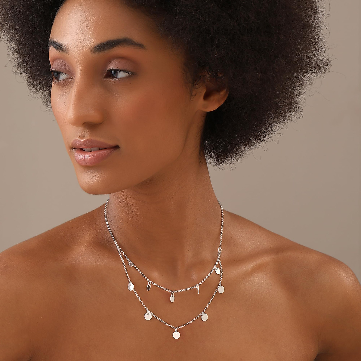 LeCalla 925 Sterling Silver Jewelry Italian Design Multi Row Disc Layered Necklace Hypoallergenic Multi-Strand Charm Necklace for Women with Lobster Claw Clasp 18 Inches