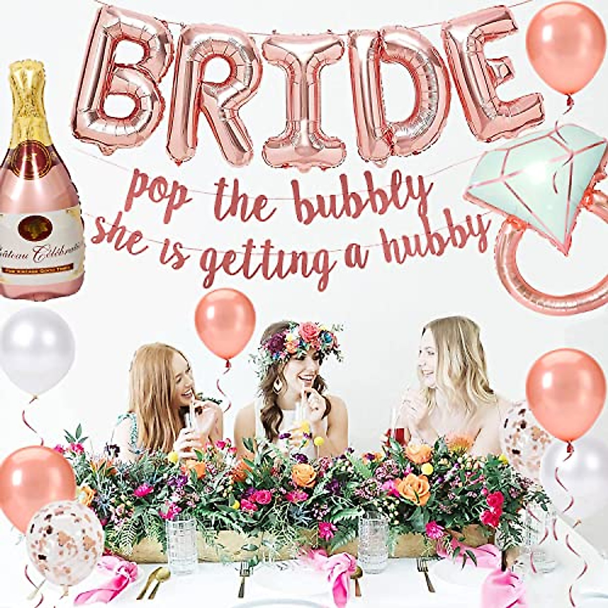 Bachelorette Party Decorations Kit, Bridal Shower Party Supplies Including Bride Balloons, Pop the Bubbly She's Getting a Hubby Banner, Ring & Champagne Bottle Foil Balloons, Rose Gold Balloons kit
