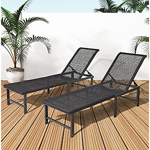 Outdoor Chaise Lounge Chair Set of 2, Rattan Pool Chairs with Adjustable Backrest, Rustproof Aluminum Frame Tanning Chair, for Poolside, Backyard, Lawn, Deck（Dark Grey）