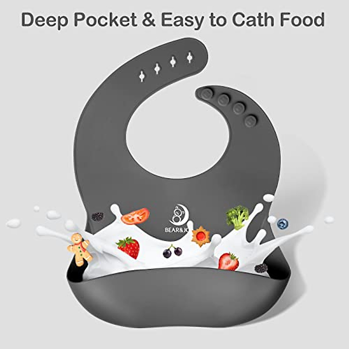 Bear&Joy Silicone Bibs for Babies, 2 Pack Baby Silicone Bibs, Soft Adjustable Fit Waterproof Bibs, Feeding Bibs with Food Catcher Pocket for Toddlers Girls Boys Kids