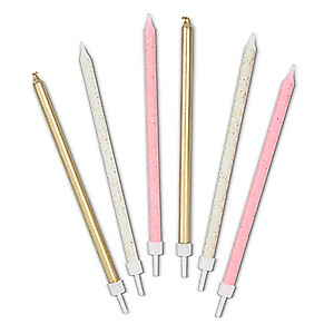 Metallic Glitter Long Thin Birthday Cake Candles in Holders (5 in, 48 Pack)