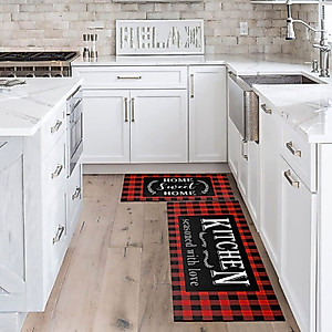 HOLVDENG Red Buffalo Plaid Kitchen Mat Set of 2 Non Slip Thick Kitchen Rugs and Mats for Floor Comfort Standing Mats for Kitchen, Sink, Office, Laundry, 17"x47"+17"x28"
