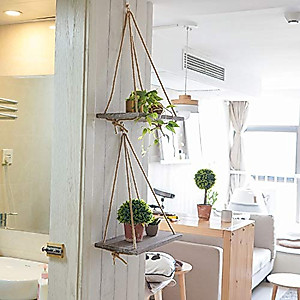 TIMEYARD Decorative Wall Hanging Shelf - Distressed Wood Jute Rope Floating Shelves - Rustic Home Wall Decor - Set of 2