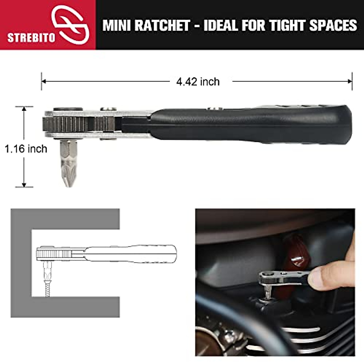STREBITO Mini Ratchet Set 12-Piece 1/4 Ratchet Right Angle Screwdriver Set Small Ratcheting Wrench 90 Degree Offset Screwdriver High Torque Low Profile Ratchet Angled Screwdriver For Tight Spaces