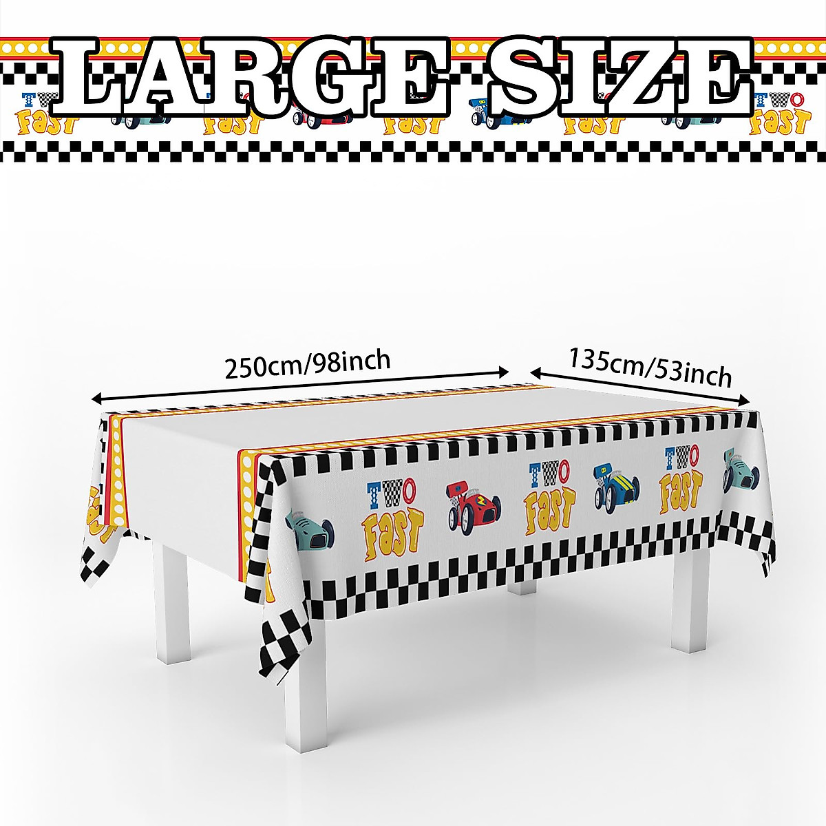 Two Fast Birthday Tablecloths Racing Car Theme Racetrack Number Checkered Table Cover Supplies for Boys 2nd Birthday Party Racing Car Theme Party Baby Shower Dining Room Kitchen Decor, 53" x 98"