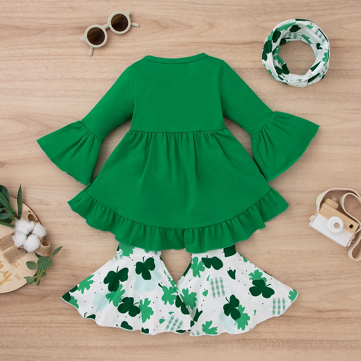 DUBASAM Kids Toddler Baby Girl St.Patrick's Day Outfit Pure Green Top Dress+Four Leaf Clover Pants with Scarf Clothes (Green+White, 9-12Months)