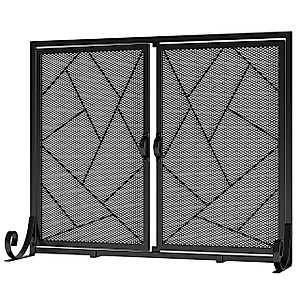 Fire Beauty Fireplace Screen with Hinged Doors Cast Iron Border Sturdy Steel Frame Durable Metal Mesh Decorative Spark Guard Black Finish(Middle)