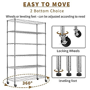 YYkokocat 6-Tier Adjustable Storage Shelves Heavy Duty Wire Shelving Unit with Wheels 2100Lb Metal Layer Rack Shelf NSF Shelving for Closet Kitchen Garage, 82" H x 48" L x 18" D - Chrome