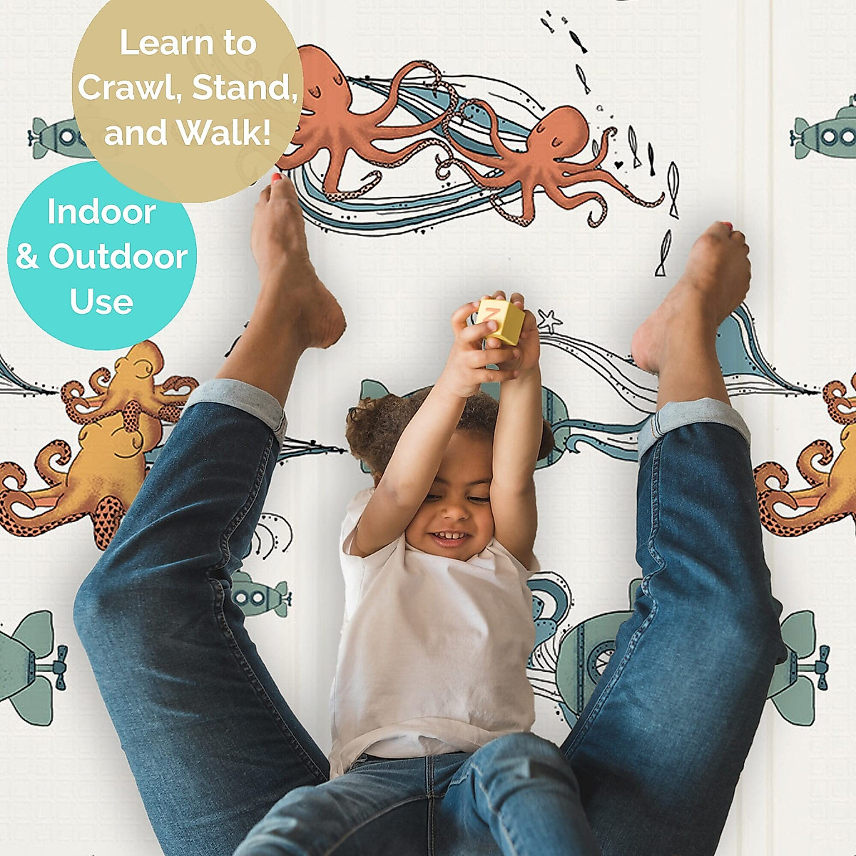 JumpOff Jo - Large Waterproof Foam Padded Play Mat for Infants, Babies, Toddlers, Play Pens & Tummy Time, Foldable Activity Mat, 70 in. x 59 in. - Octopus Treasure