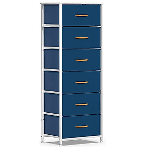 WAYTRIM Dresser Storage Tower, 6 Fabric Organizer Drawers, Wide Chest of Drawers for Closet Boys & Girls Bedroom, Bedside Furniture, Steel Frame, Wood Top, Fabric Bins, Easy Installation, (Navy Blue)