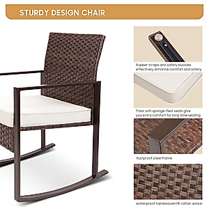 YIYAN 3 Pieces Rocking Bistro Set,Outdoor Rocking Chair Furniture Set,PE Wicker Outdoor Rocker Chair with Coffee Table & Washable Cushion(White)