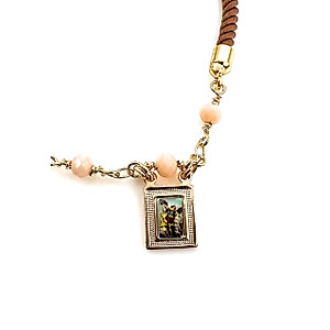 LESLIE BOULES Catholic Scapular Bracelet Crystal Beads & Brown Satin Cord