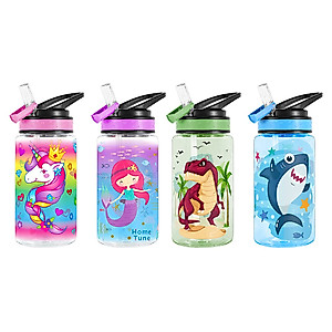 Home Tune Cute Water Bottle for Kids Girls Boys, BPA Free & Sturdy Print & Leak Proof Flip Straw & Carry Loop & Easy Clean, 15oz - Dinosaur