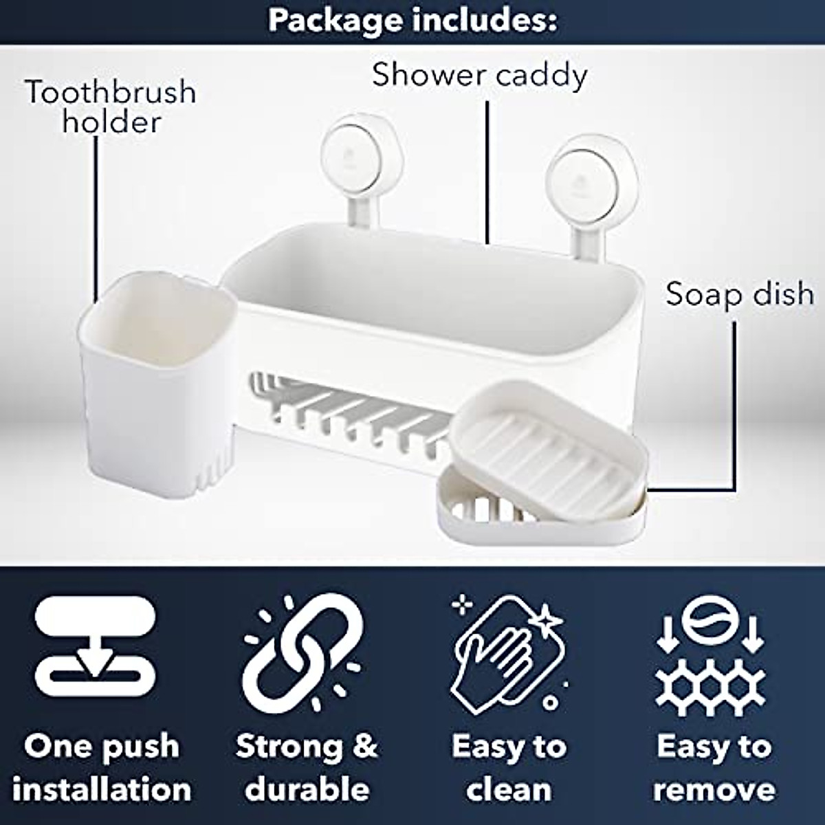 Shower Caddy Vacuum Suction Cup 3Pcs-No Drilling Bathroom Suction Cup Shower Shelf Organizer-Shower Shelves Basket for Shampoo,Soap and Toothbrush Holder-Racks for Inside Bath and Kitchen Wall (White)