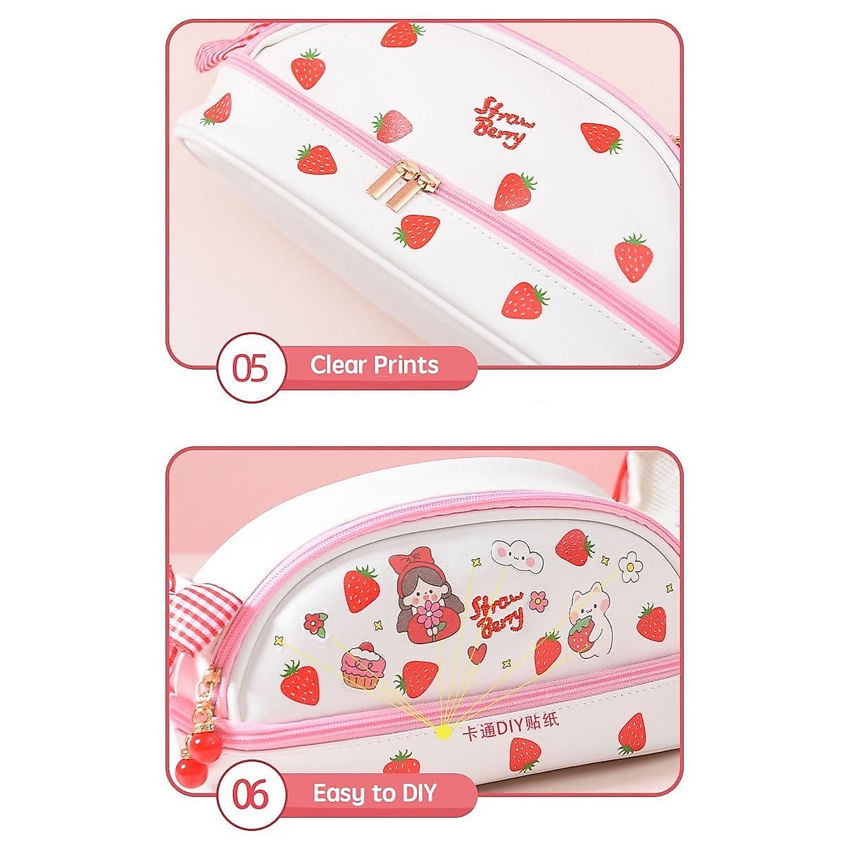JHTPSLR Large Kawaii Pencil Pouch Cute Preppy Pencil Pouch Bowknot Strawberry Bear Love Hearts Aesthetic Pencil Case PU Waterproof Pen Bags Stationery Storage Organizer Supplies (White Strawberry)
