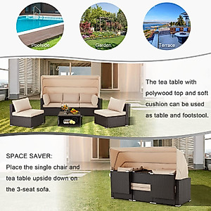 Vicluke 6 Pieces Patio Furniture Sets Outdoor Sectional Sofa Set Rattan Daybed with Retractable Canopy, Adjustable Backrest, Storable Tea Table Rectangle Sunbed for Backyard Garden Poolside(Khaki)