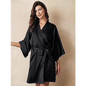 AW BRIDAL Women's Black Silk Robe, Short Satin Kimono Robe Bridal Party Robes for Brides Bridesmaids, Black S