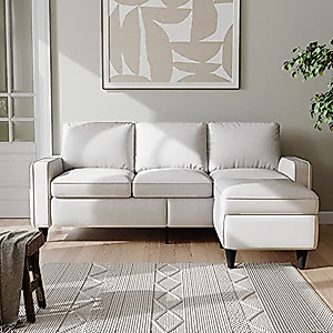 Small Sectional Sofa, Convertible L-Shaped Couch with Reversible Storage Chaise & Storage Side Pockets, 3-Seat Modular Sofa for Living Room, Apartment, Dorm, Small Space (Beige)