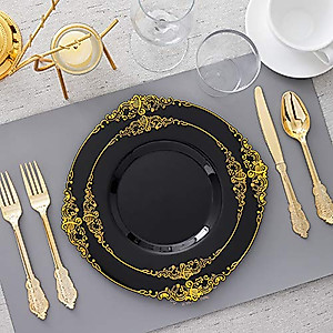 Hioasis 350pcs Black and Gold Plastic Plates with Gold Plastic Silverware For Weddings&Parties Served for 50Guests include 50Dinner Plates 50Dessert Plates 50 Rolled Napkins with Gold Cutlery 50Cups