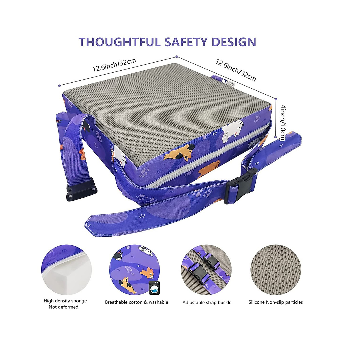 Toddler Booster Seat for Dining Table, KIDUN Portable Dining Chair Heightening Cushion, Washable Adjustable Booster Chair Increasing Cushion for Kids with Safety Buckles and Non-Slip. (Purple)