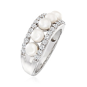 Ross-Simons 4.5mm Cultured Pearl and .70 ct. t.w. White Topaz Ring in Sterling Silver. Size 7