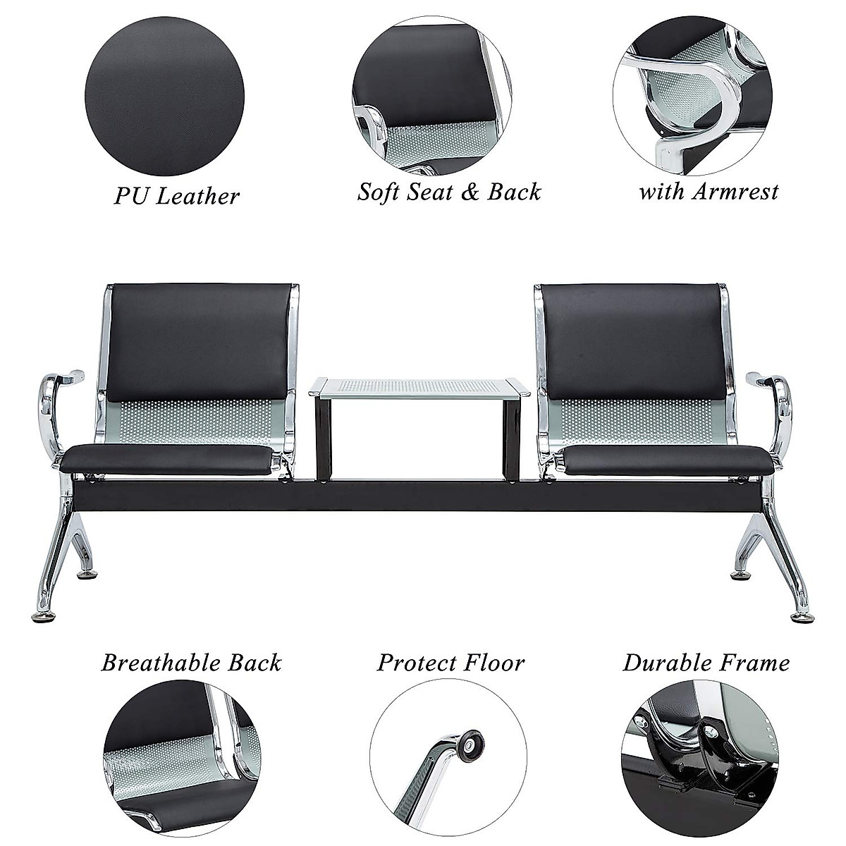 walsport Leather Waiting Room Furniture Black Chairs Reception 2 Seat with Table for Airport Seating, Office, Bank, Hospital Bench