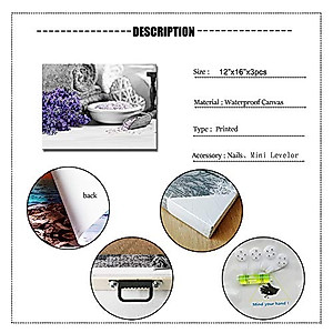 SkenoArt 3 Piece Black and White Wall Art Purple Lavender Flower Pictures Spa Treatment Salt and Towel Artwork Print on Canvas for Bathroom Salon Spa Room Decoration Framed Ready to Hang 12"x16"x3pcs