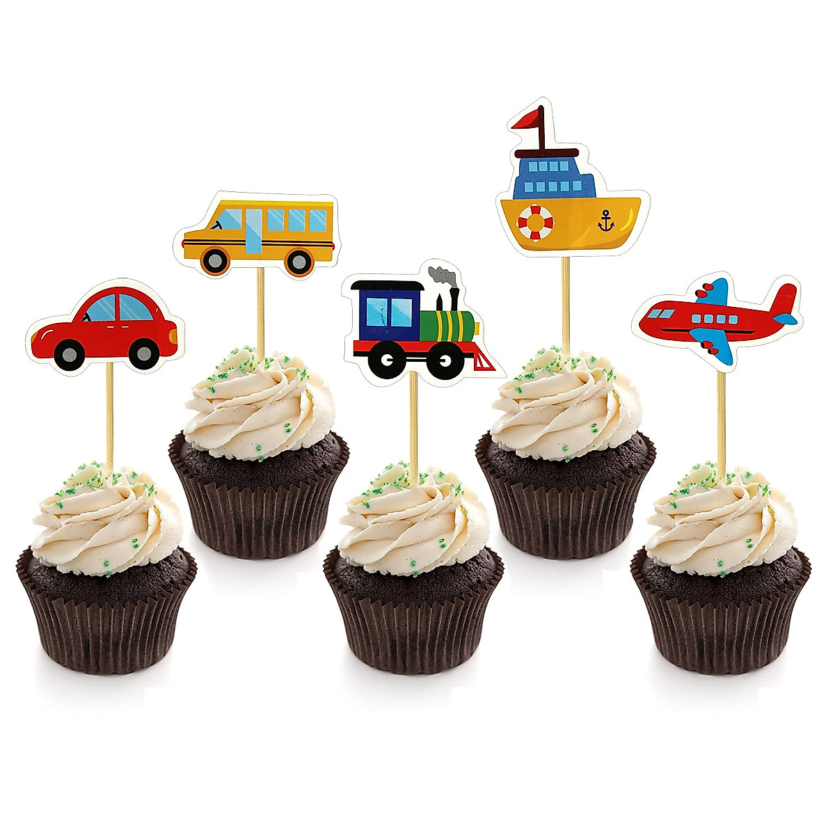 BIEUFBJI Transportation Cupcake Toppers 30 Pack Car Truck Train Airplane Ship Party Cake Toppers Picks for Kids Birthday Baby Shower Party Decorations Supplies