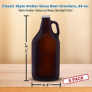 DISCOUNT PROMOS 6 Amber Glass Beer Growlers Set, 64 oz. - Screw on Lid, Sturdy, Barware - Amber