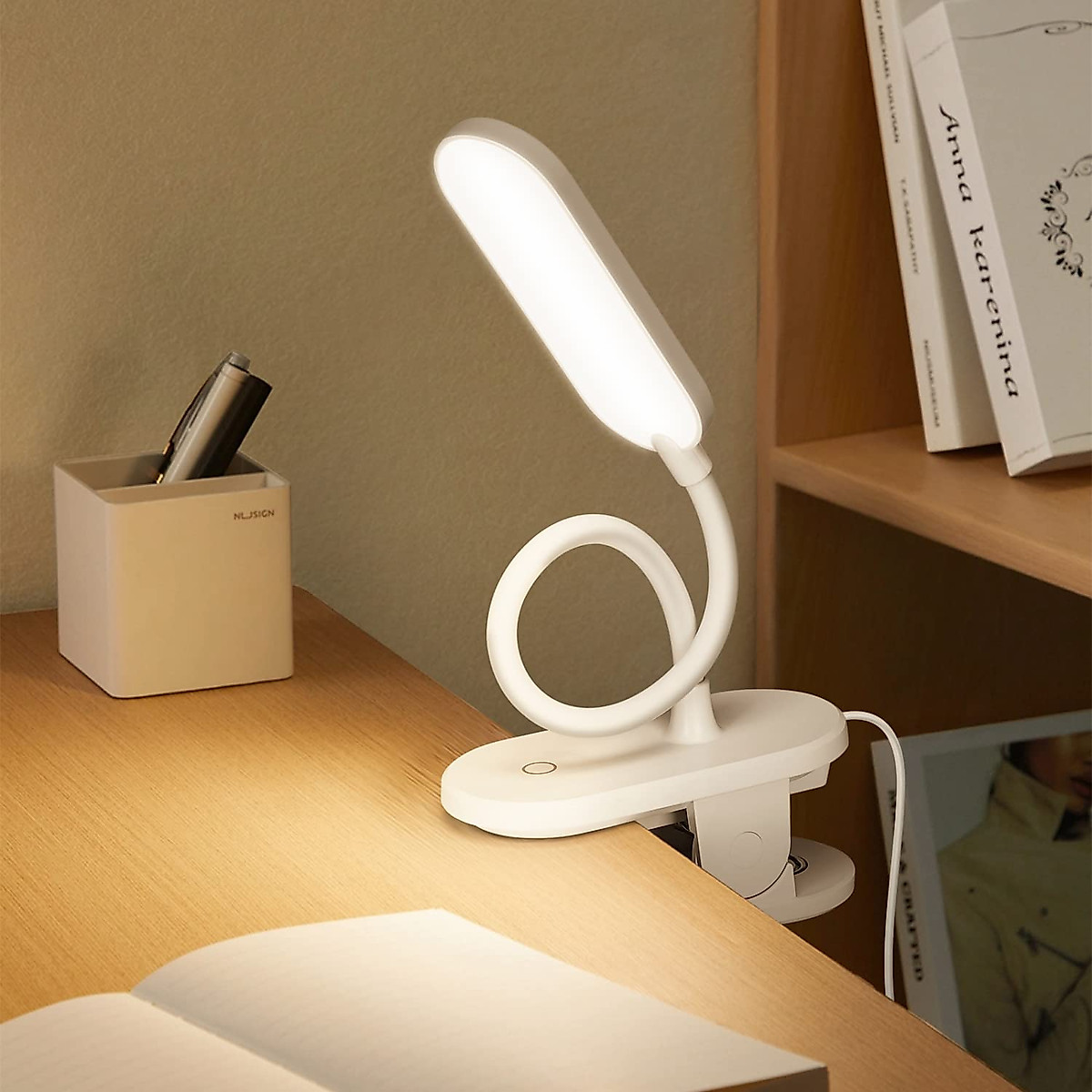 Aigostar Rechargeable Clip on Book Reading Light, Brightness Desk Lamp Touch LED Table Light with 3 Levels Dimmable,Built-in USB Cable,Long Lasting Portable Bed Bedside Clamp Light White