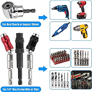 SUNJOYCO 3PCS 1/4" Magnetic Pivot Drill Bit Tip Holder, 105° Right Angle Drill Adapter Extension Impact Driver Bendable in 20° Angle for Corner