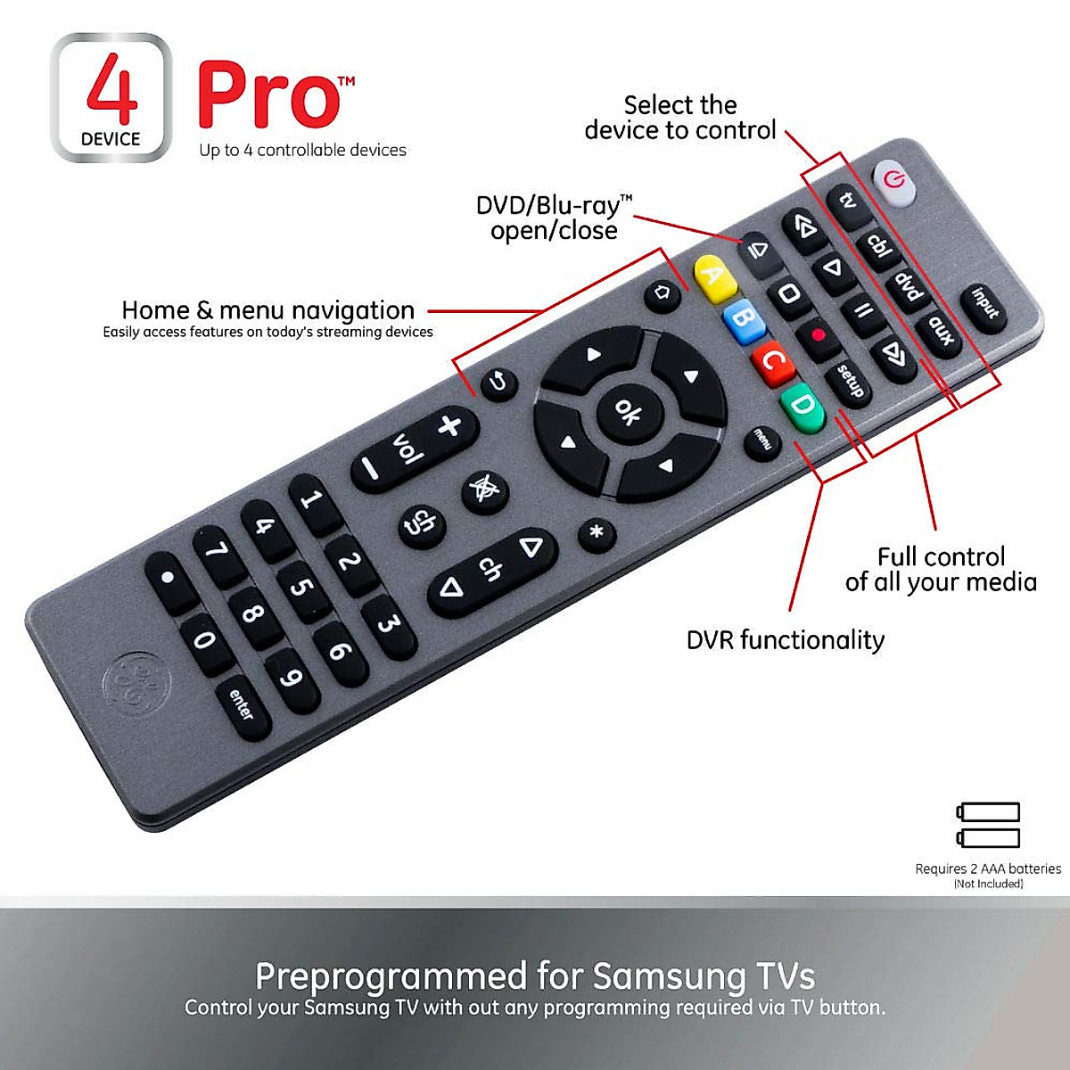GE Universal Remote Control, Samsung Remote, Universal TV Remote for Roku TV, Vizio, LG, Sony, Sharp, Roku, Apple TV, TCL, Panasonic, Streaming Players, Blu-ray, DVD, 4-Device, Graphite, 33711