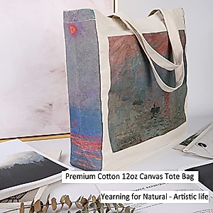 Sanmuci Canvas Tote Bag, Women's Large Zip Canvas Bag with Pockets, Vintage Graphic Aesthetic Shoulder Bags, Reusable Grocery Lunch Bag - Monet·Sunrise Impression