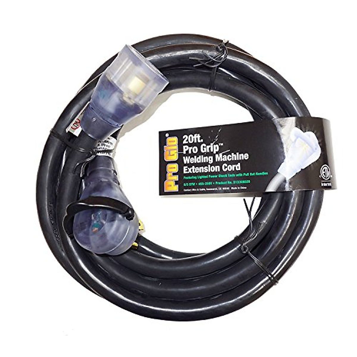 Pro Grip 8 Gauge STW 20 Foot Welding Extension Cord 40A-250V with Lighted Ends - Black