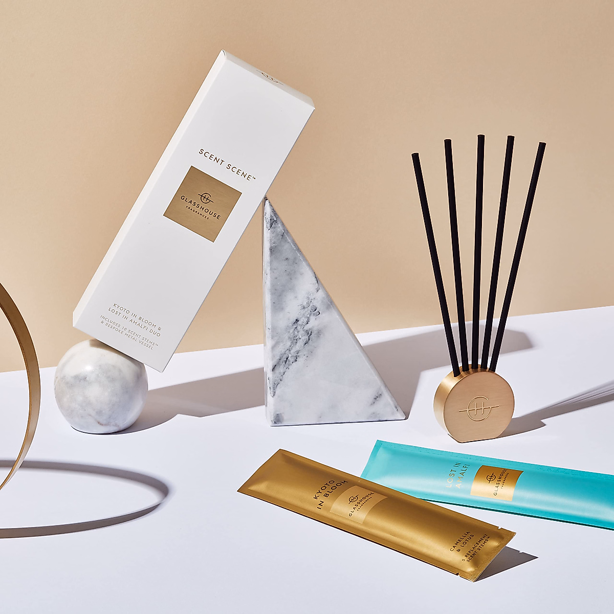 Glasshouse Fragrances Kyoto in Bloom & Lost in Amalfi Scent Scene Duo, Refillable Liquidless Diffuser + 10 Stems, Perfume Scented Home Decor, Camellia & Lotus + Sea Scent